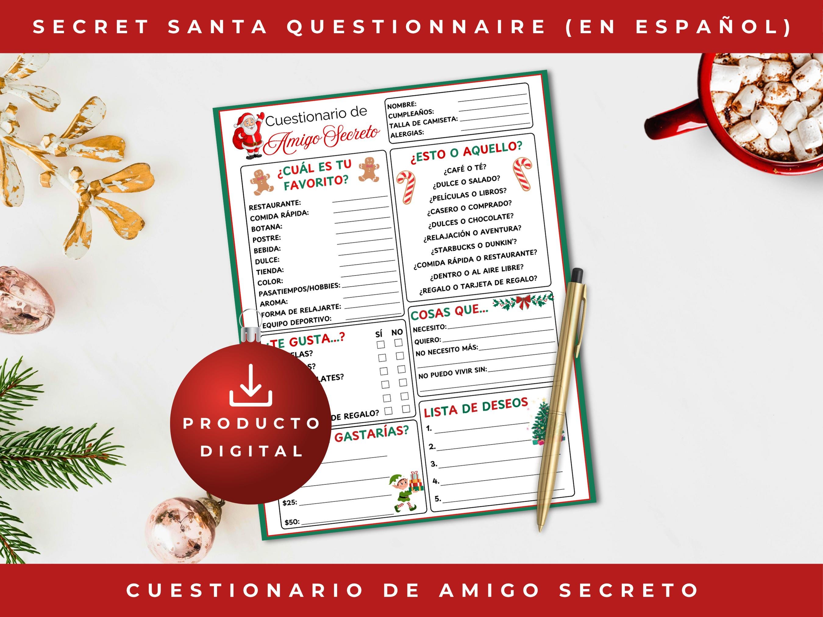 Spanish Secret Santa Questionnaire | Christmas Gift Exchange (instant ...