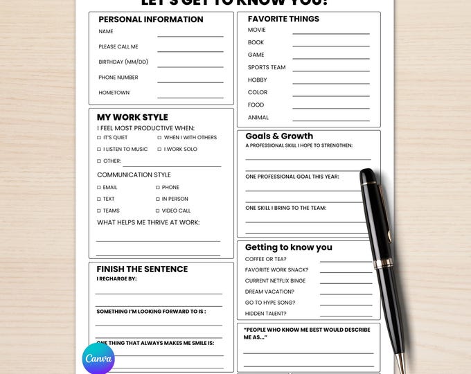 Getting to Know You Printable, Coworker Questionnaire, All About Me ...