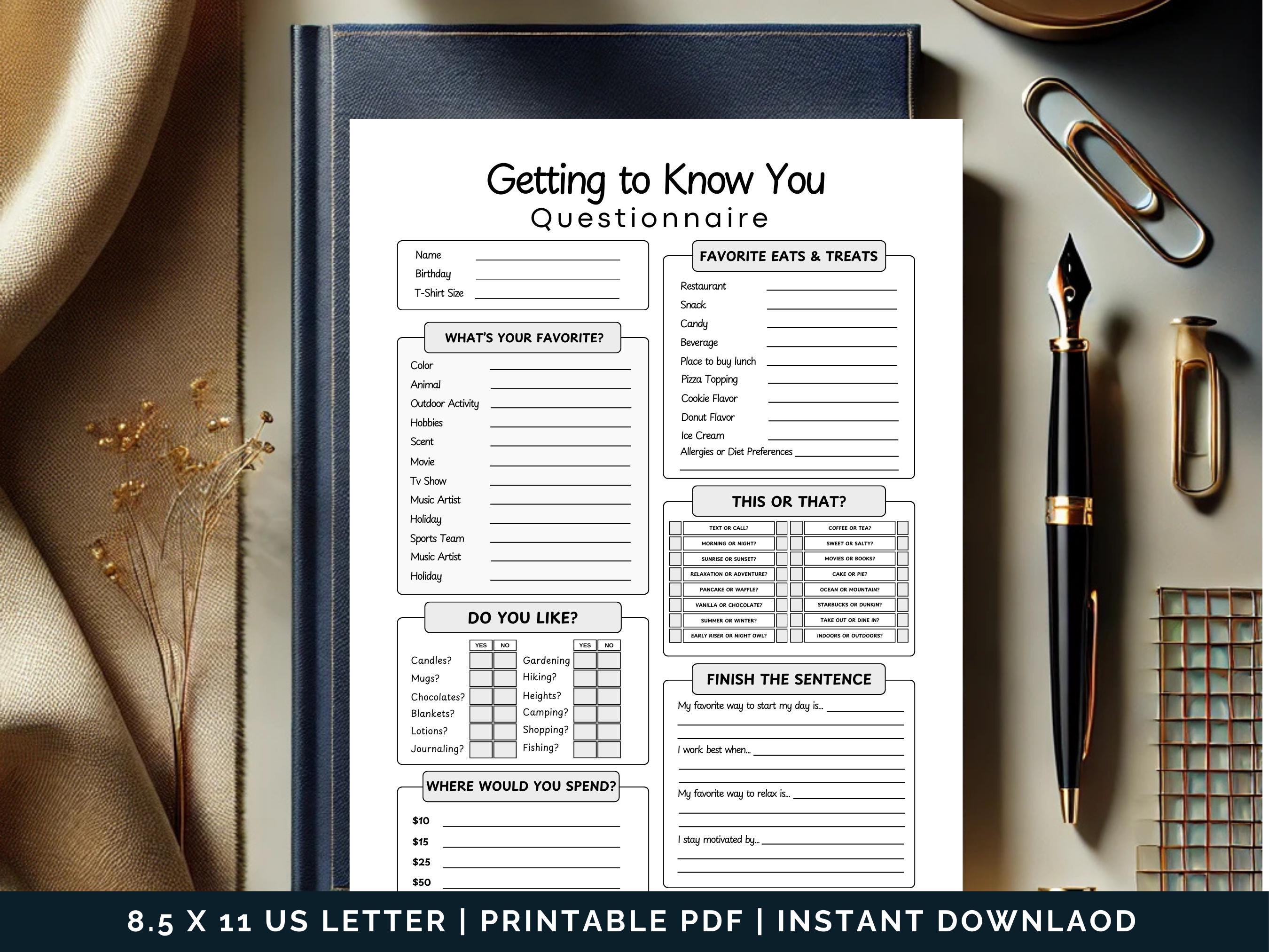 Getting to Know You Printable, Coworker Questionnaire, All About Me ...
