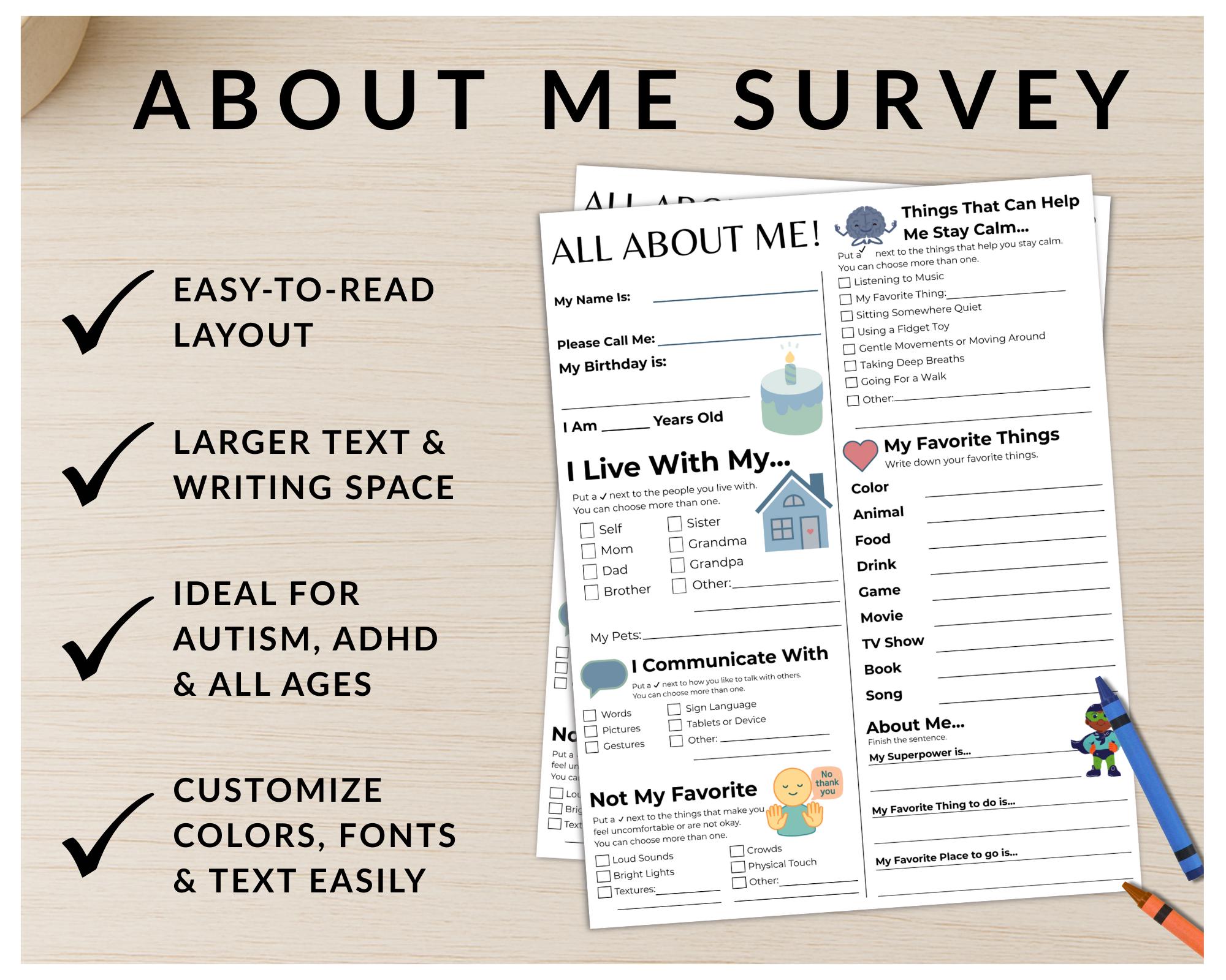 Autism 'all About Me' Worksheet: Special Needs Survey (printable PDF ...