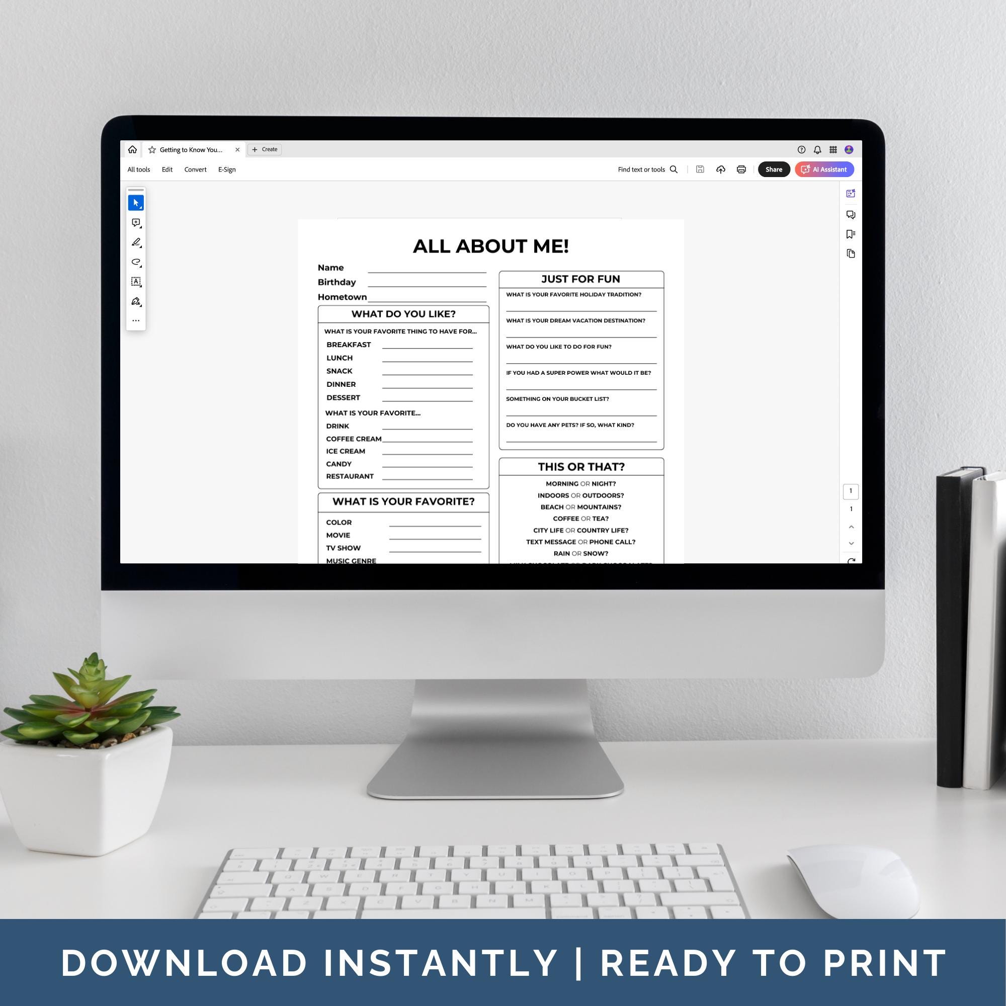 All About Me Questionnaire: Icebreaker Printable Worksheet (PDF & Canva ...