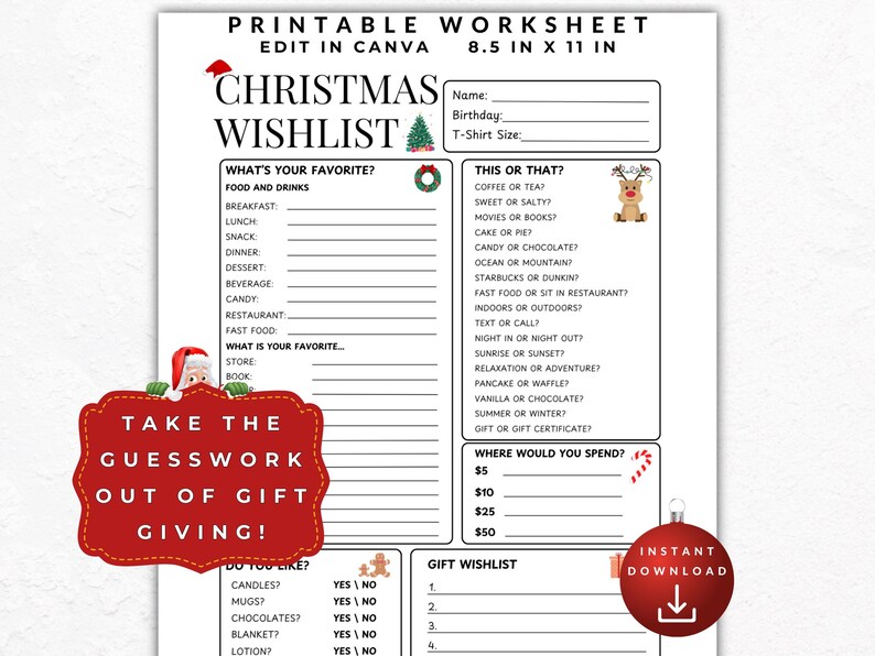 Christmas Wish List Printable: Fillable Questionnaire (editable PDF) - Etsy