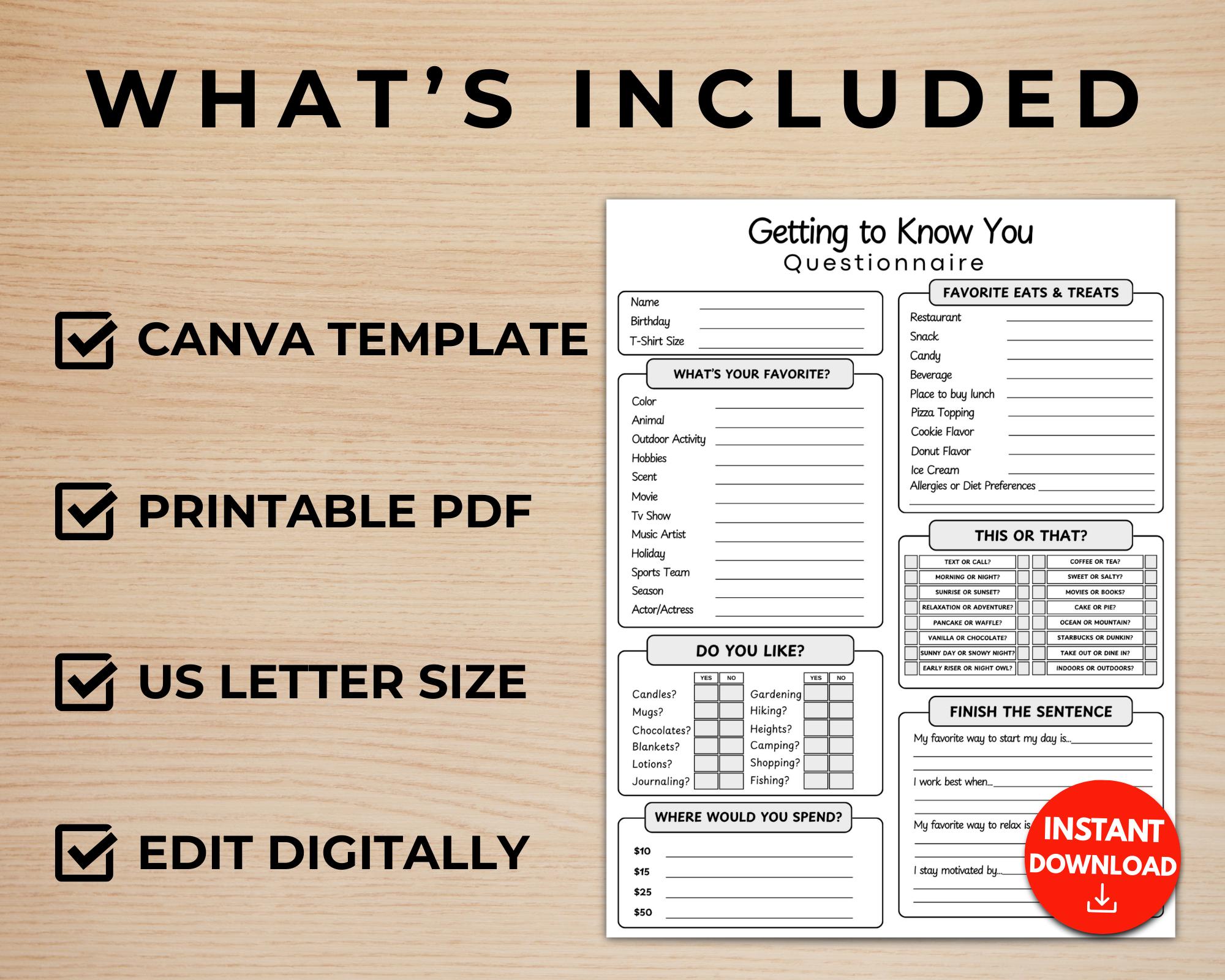 Employee Getting to Know You Survey: Printable Worksheet (fillable PDF ...