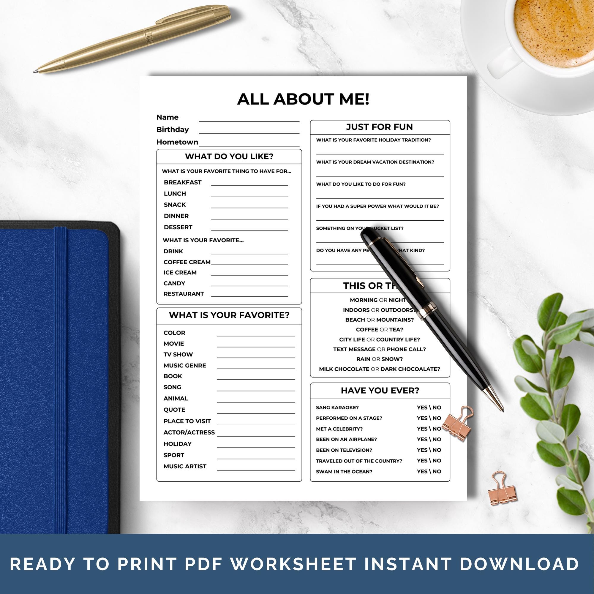 All About Me Questionnaire: Icebreaker Printable Worksheet (PDF & Canva ...