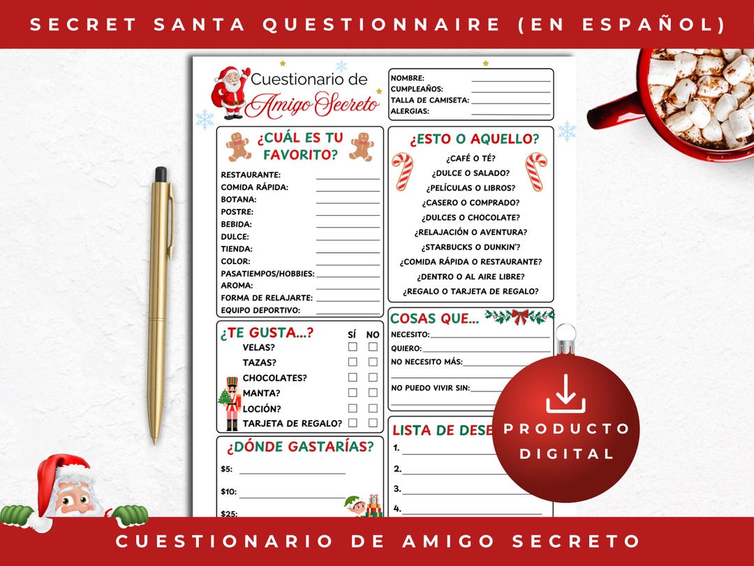 Spanish Secret Santa Questionnaire, Christmas Gift Exchange, Editable ...