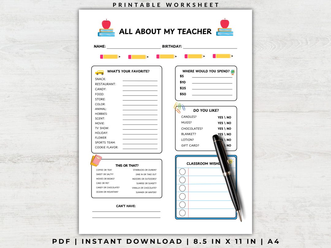 Printable Teacher Questionnaire, Back to School, Getting to Know You ...