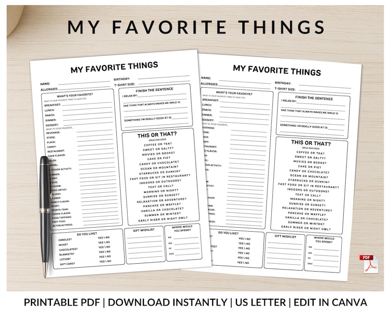 Printable Favorite Things Questionnaire: Get to Know You Survey (PDF ...