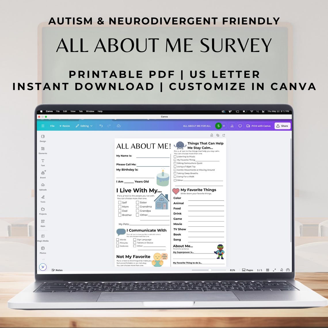Neurodivergent Friendly All About Me Printable, Autism, Special Needs ...