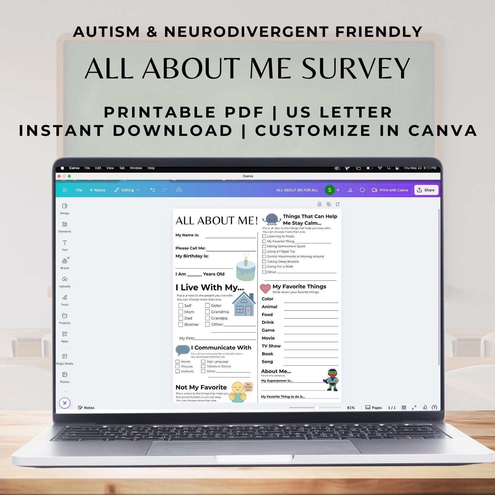 All About Me Worksheet, Autism, Special Needs (editable Canva Template ...