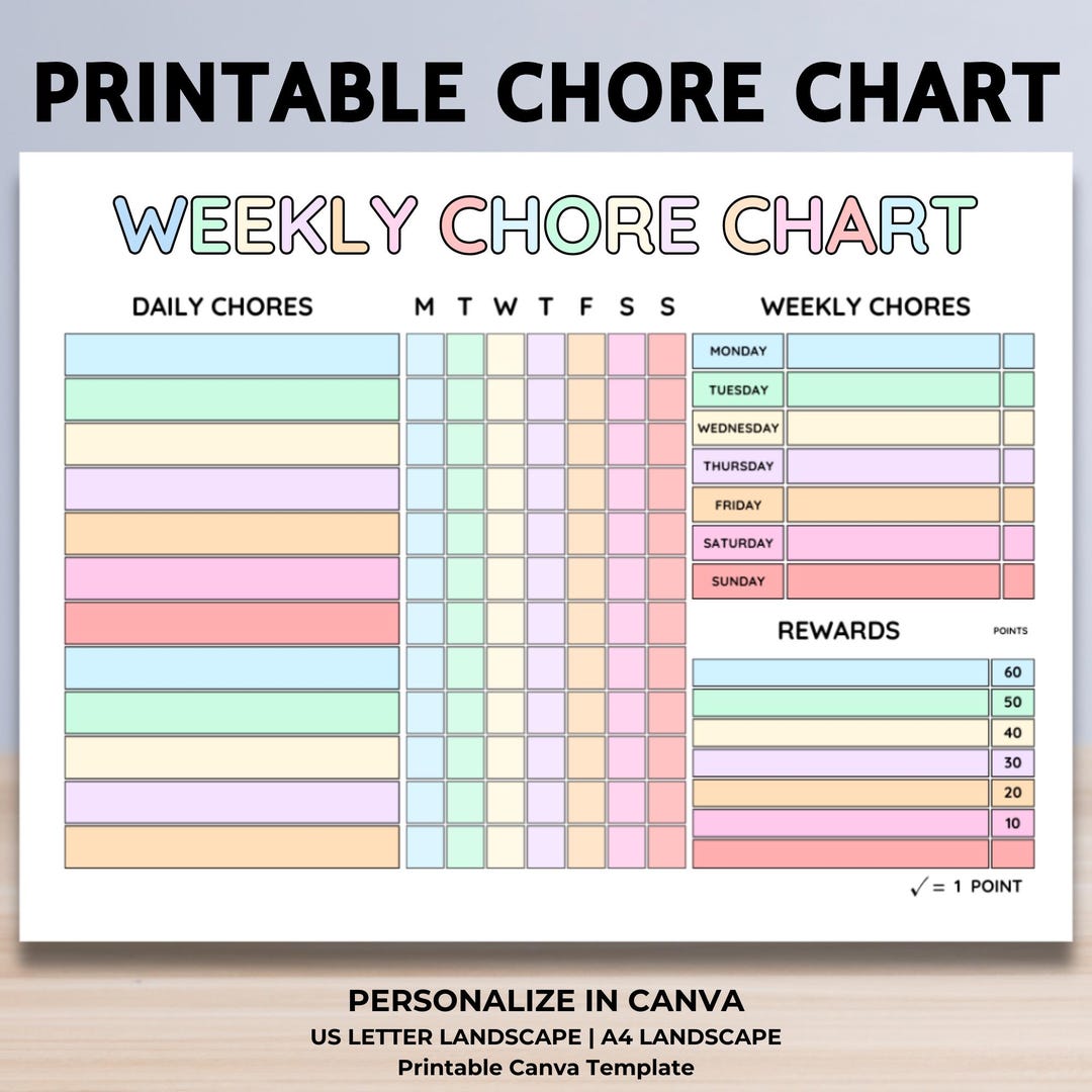 PRINTABLE Kids Weekly Chore Chart, CUSTOMIZABLE Daily Routine & Chore ...