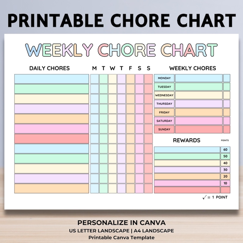 PRINTABLE Kids Weekly Chore Chart, CUSTOMIZABLE Daily Routine & Chore ...