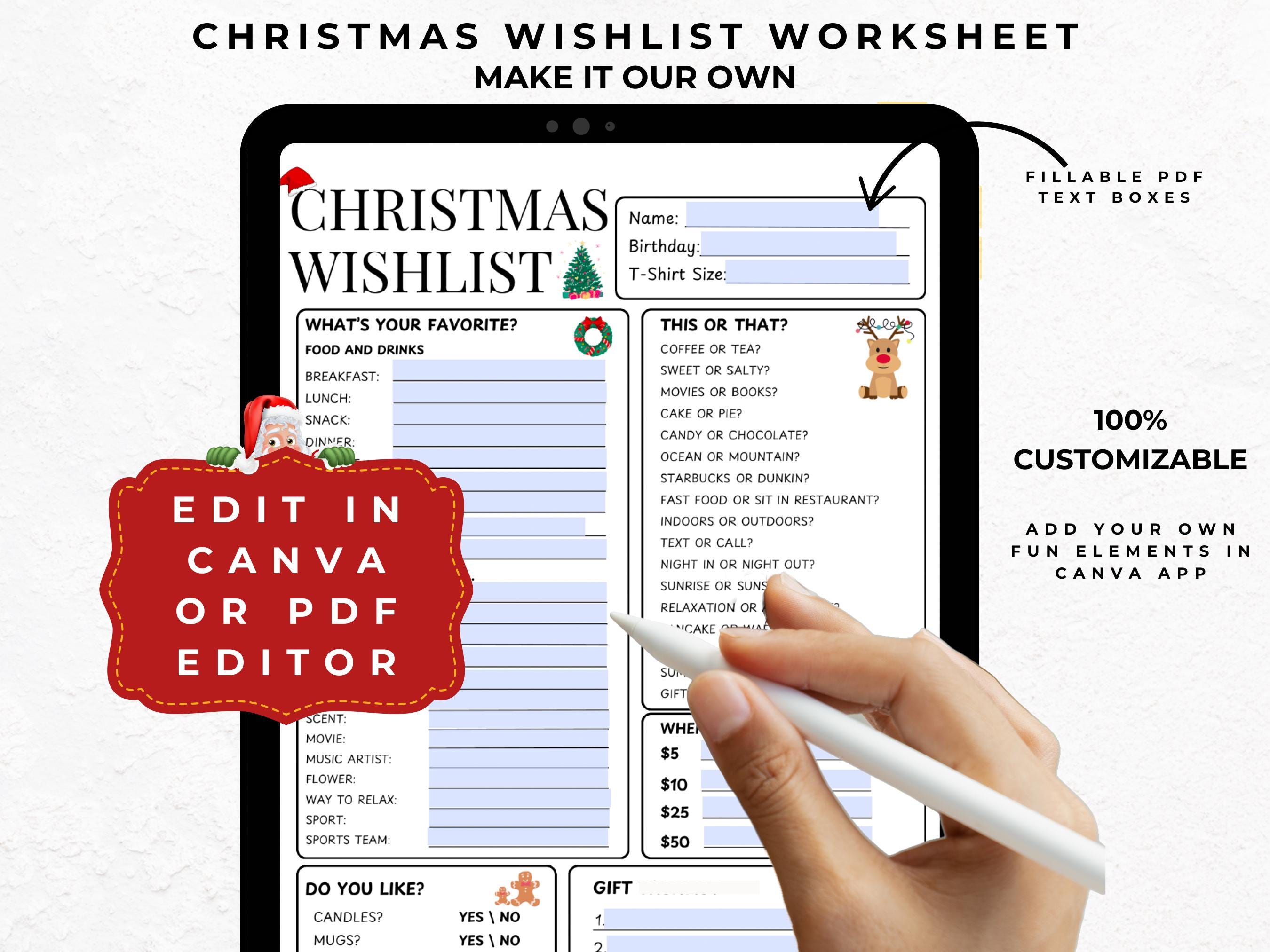 Christmas Wish List Printable: Fillable Questionnaire (editable PDF) - Etsy