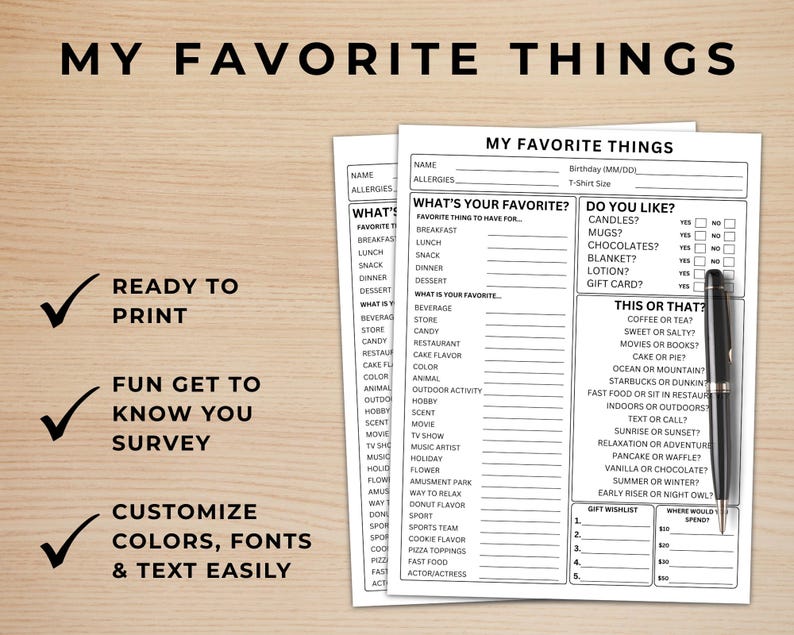 Printable Favorite Things List: Get to Know You Survey (canva & PDF) - Etsy