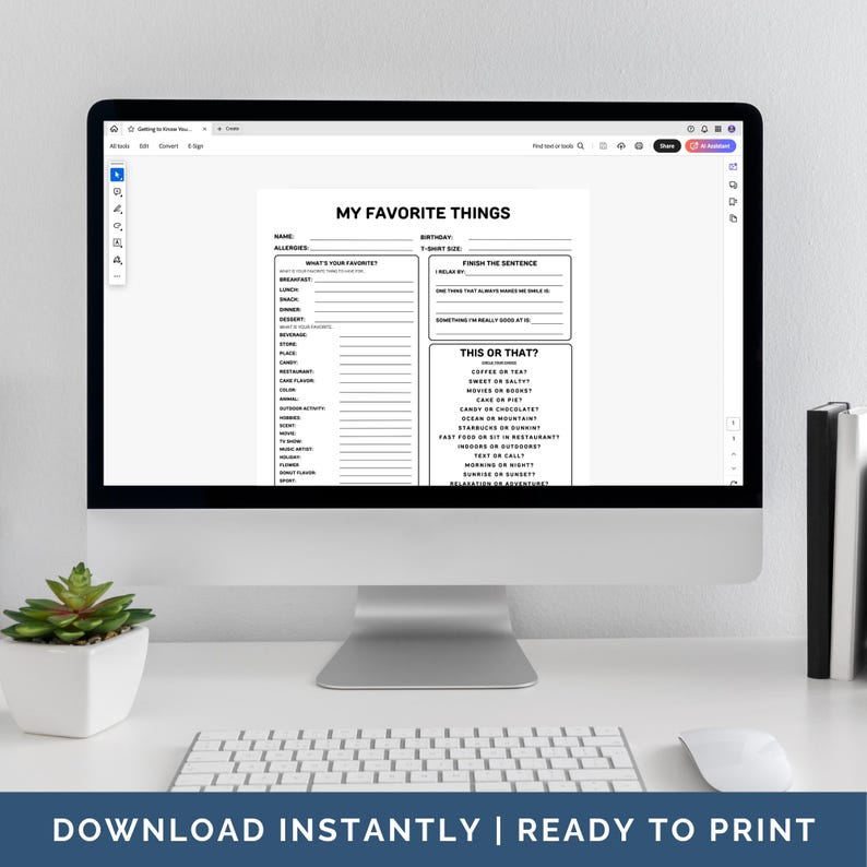 Printable Favorite Things Questionnaire: Get to Know You Survey (PDF ...