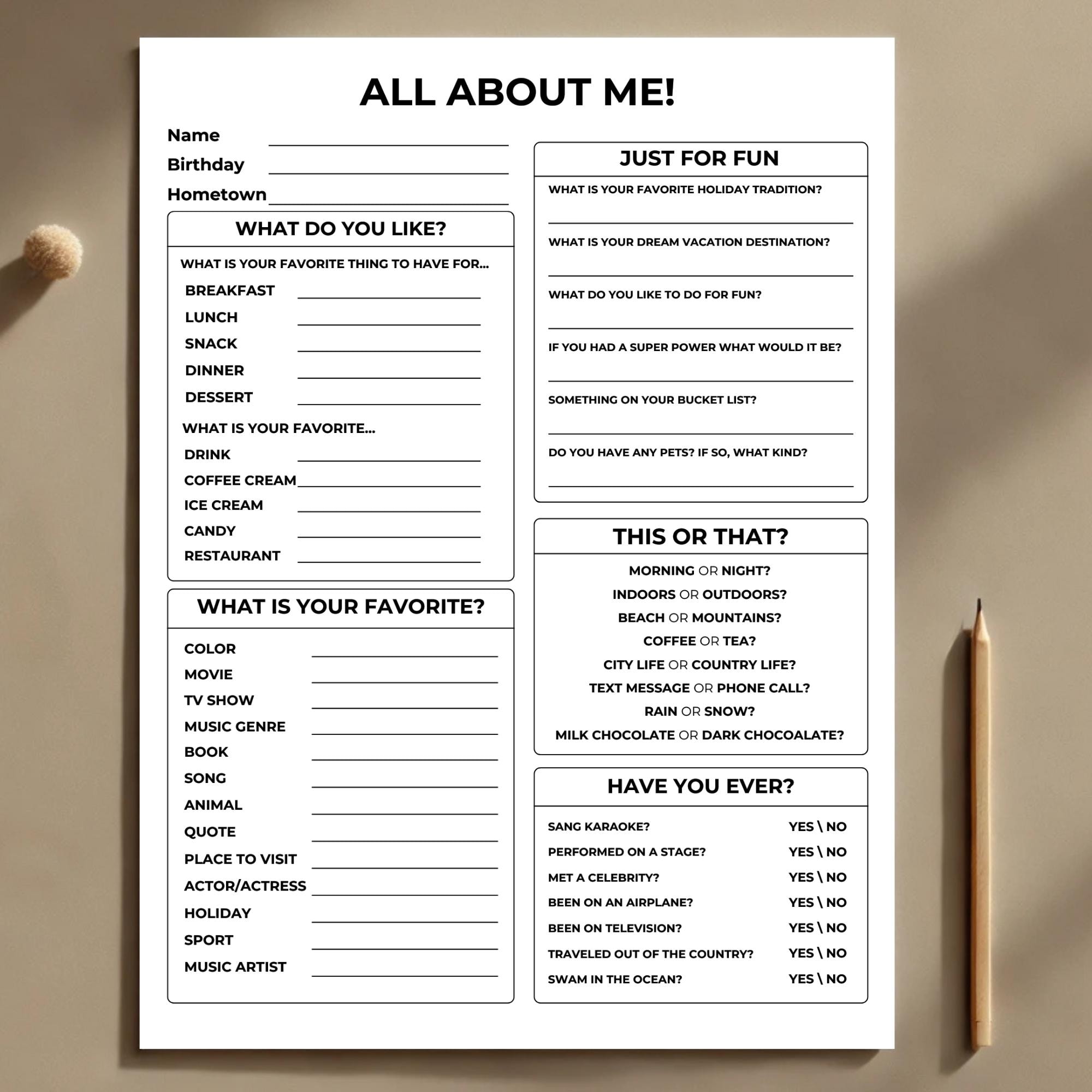 All About Me Questionnaire: Icebreaker Printable Worksheet (PDF & Canva ...