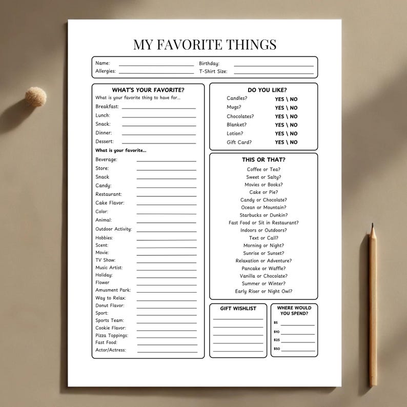 Printable Favorite List, Get to Know You, Favorite Things, My Favorite ...