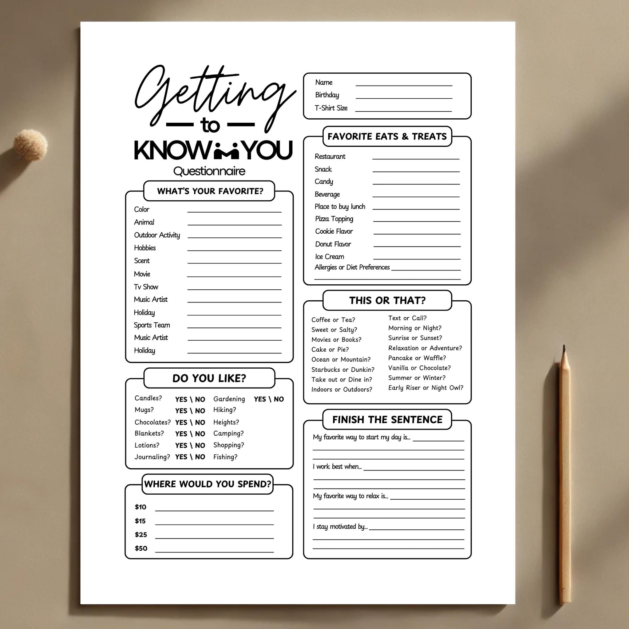 Getting to Know You Printable, Coworker Questionnaire, All About Me ...