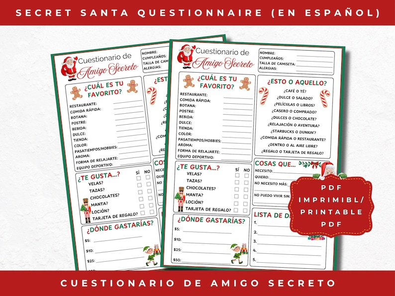 Spanish Secret Santa Questionnaire | Christmas Gift Exchange (instant ...