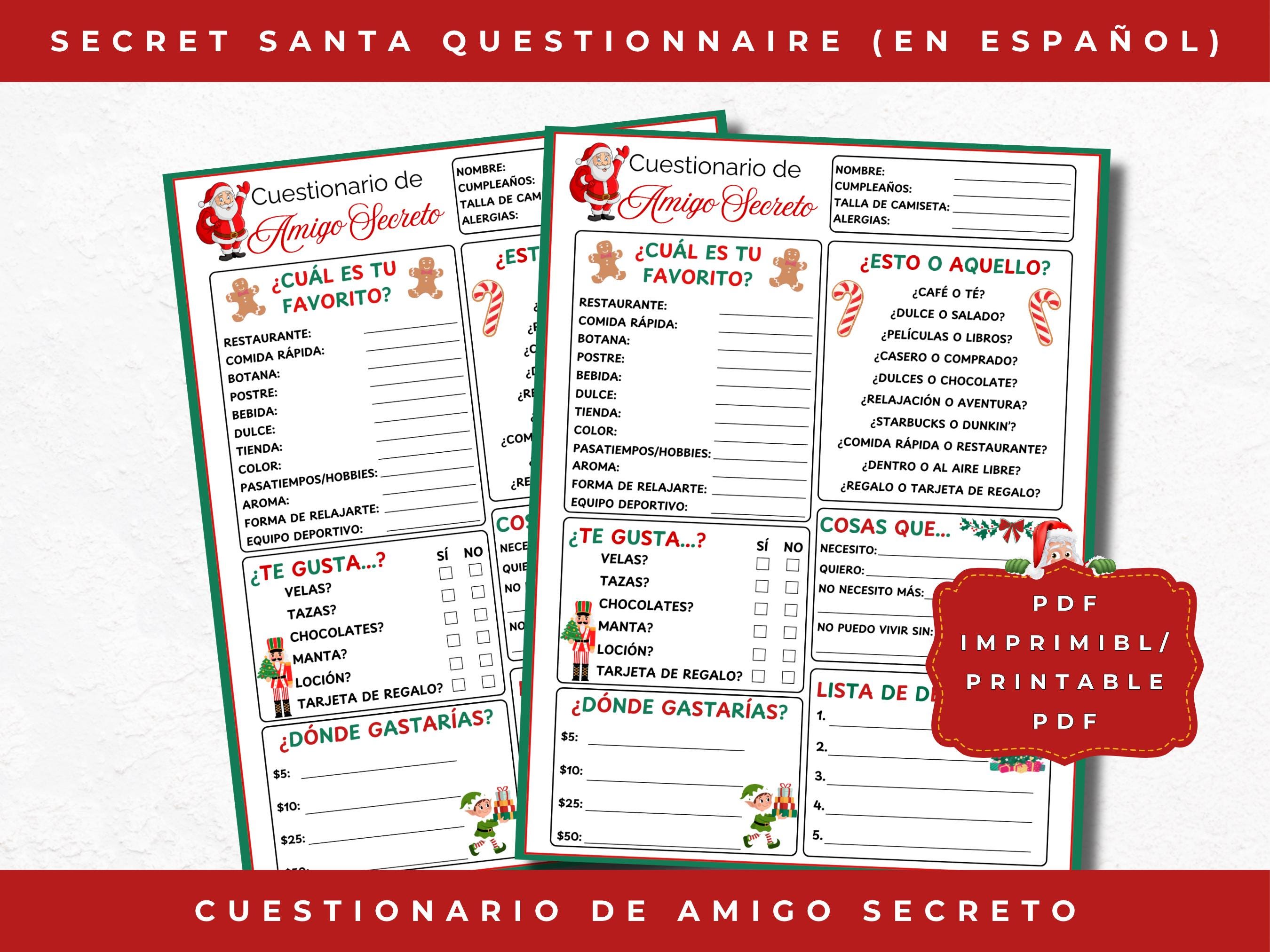 Spanish Secret Santa Questionnaire | Christmas Gift Exchange (instant ...