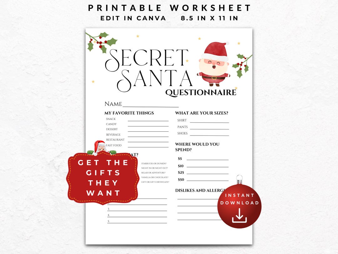 Secret Santa Questionnaire Printable, Fillable PDF & Canva Editable ...