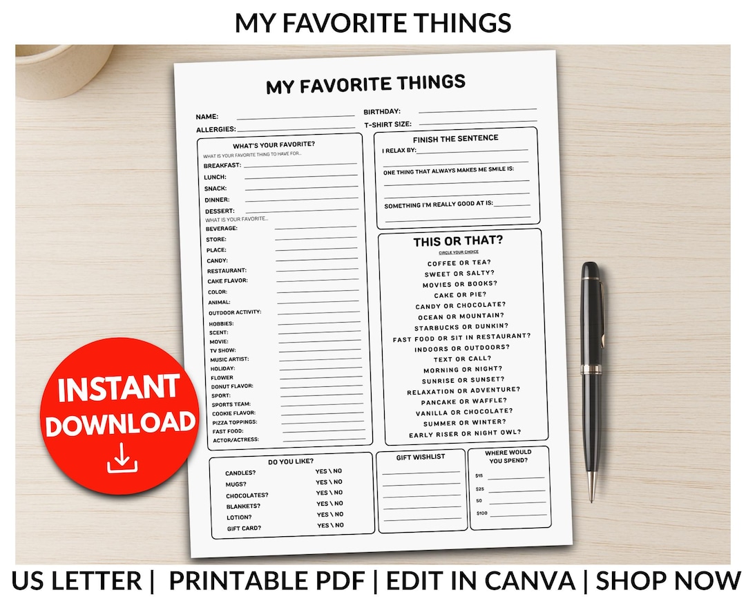 Printable Favorite Things Questionnaire: Get to Know You Survey (PDF ...