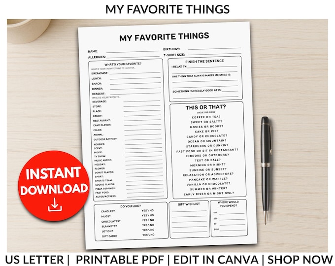 Printable Favorite Things List: Get to Know You Survey (PDF) - Etsy Canada