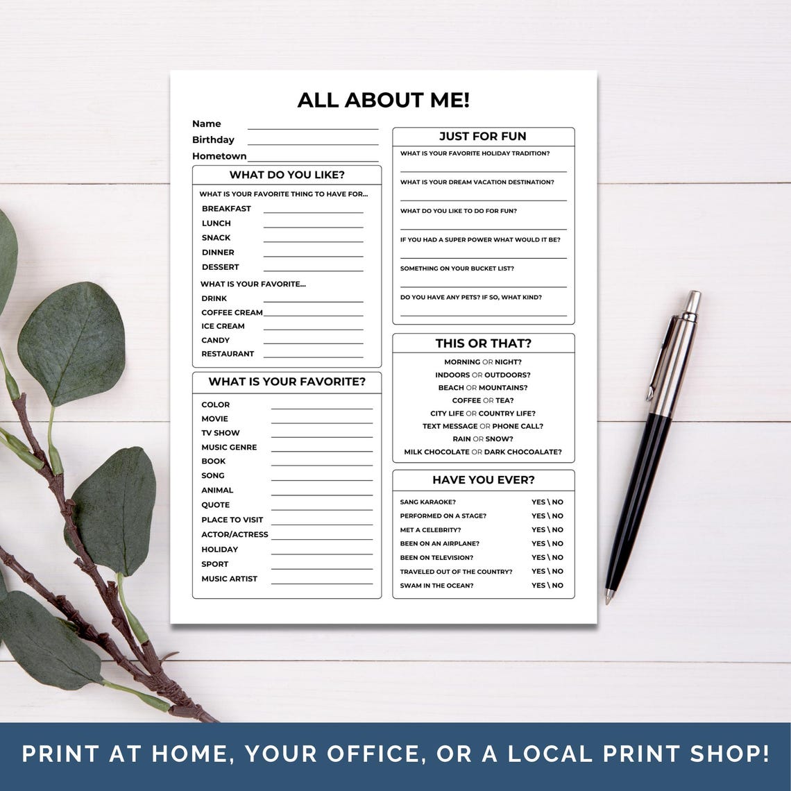 All About Me Questionnaire: Icebreaker Printable Worksheet (PDF & Canva ...