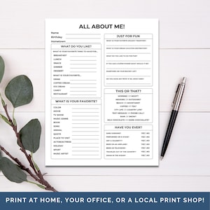 All About Me Questionnaire: Icebreaker Printable Worksheet (PDF & Canva ...