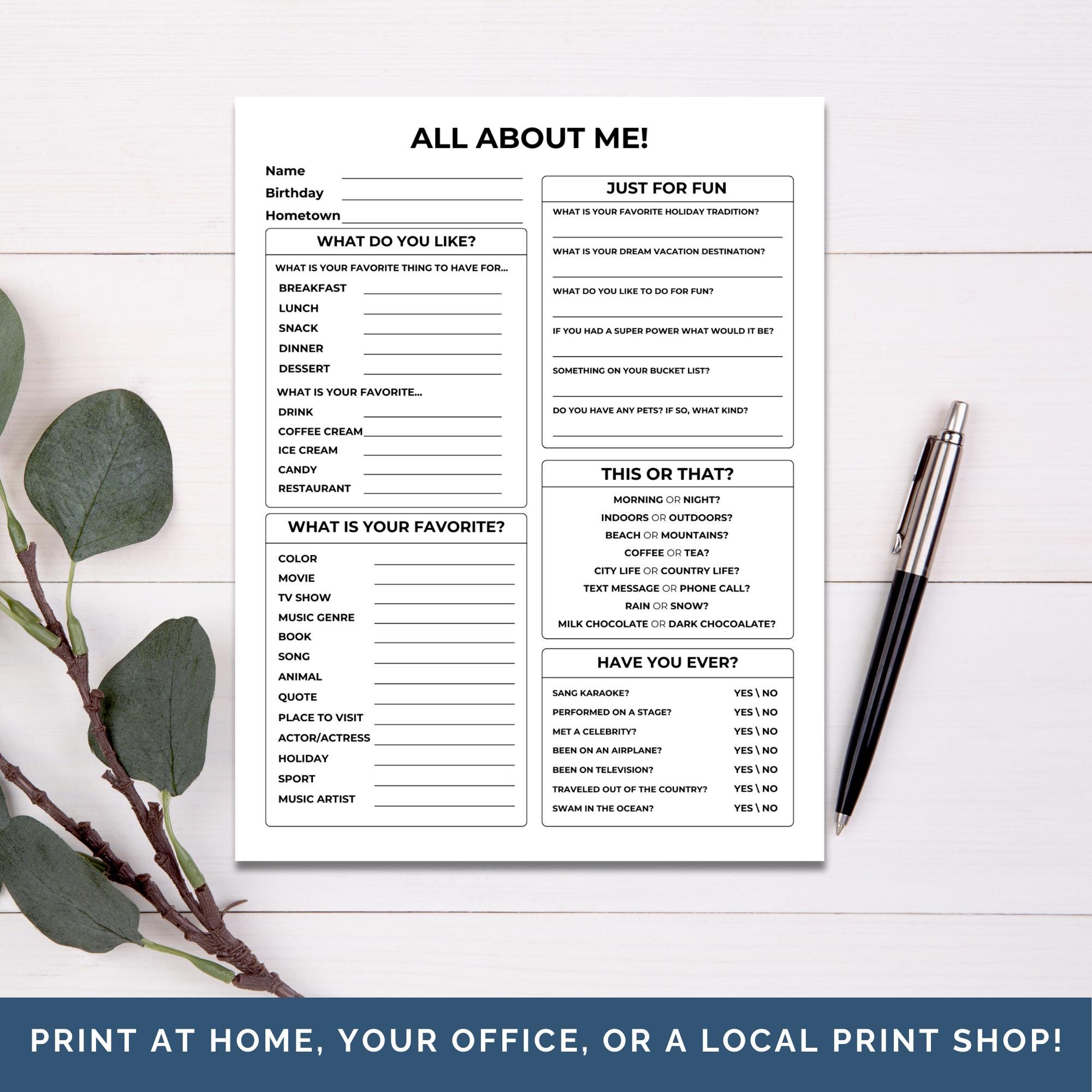 All About Me Questionnaire: Icebreaker Printable Worksheet (PDF & Canva ...