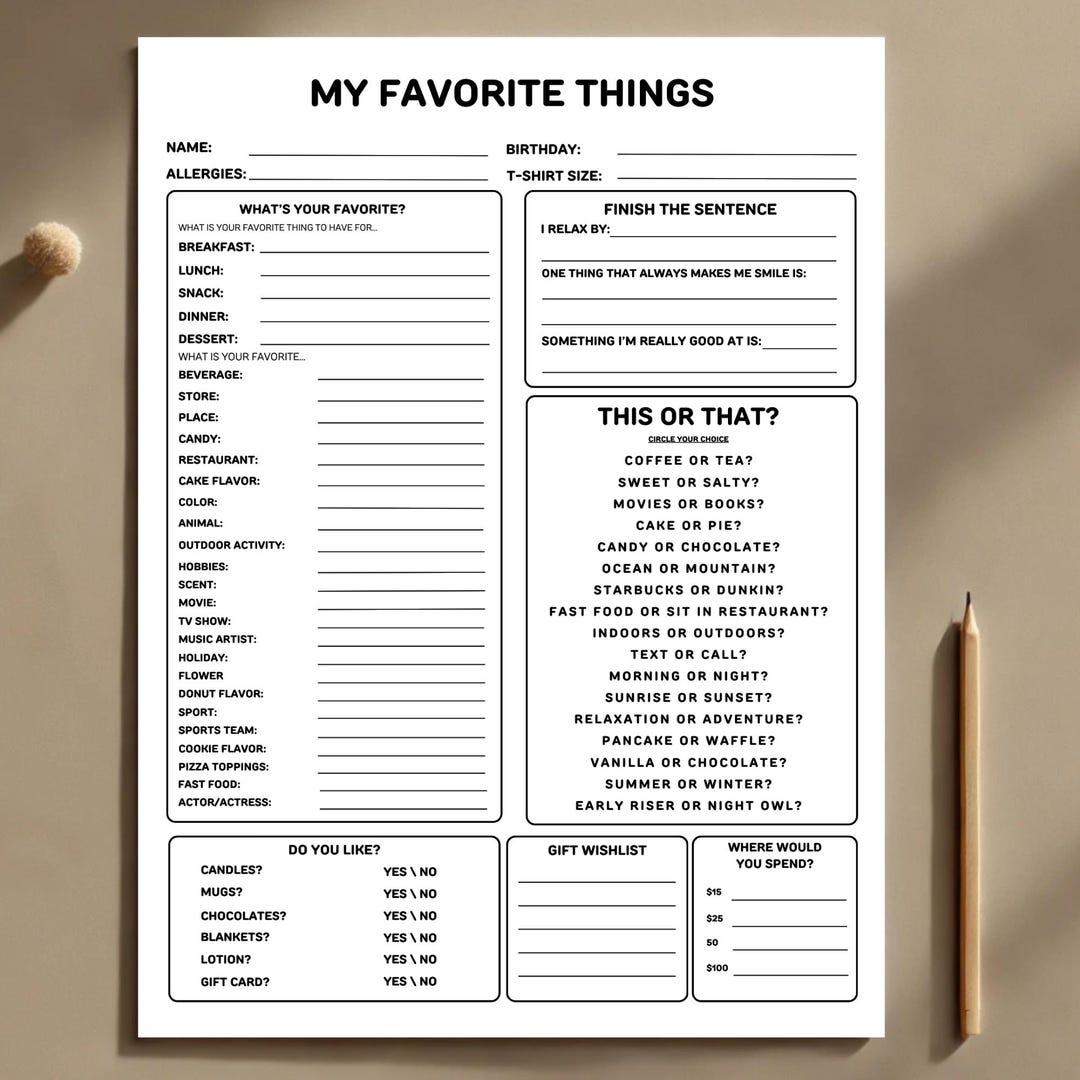 Printable Favorite Things Questionnaire: Get to Know You Survey (PDF ...
