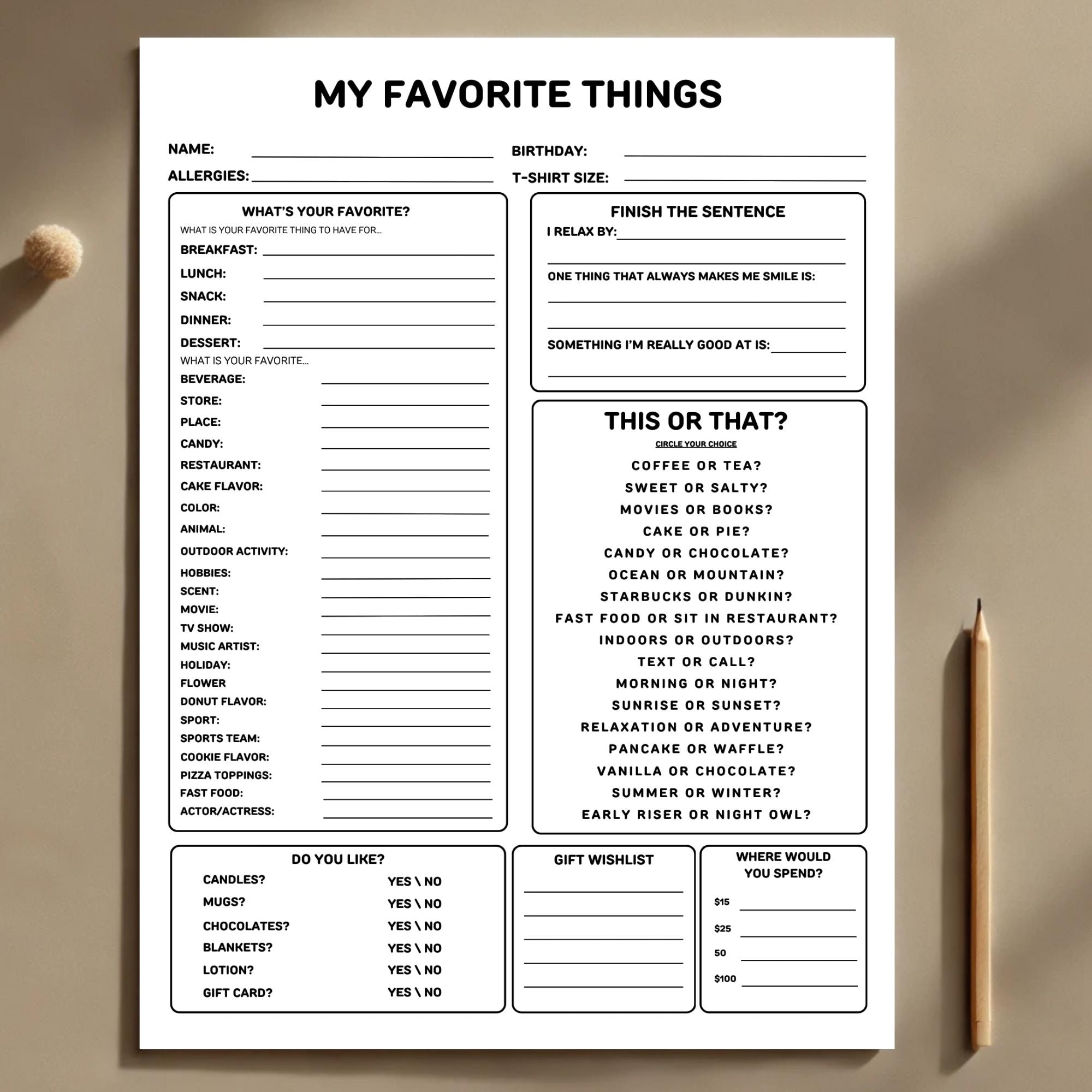 Printable Favorite Things Questionnaire: Get to Know You Survey (PDF ...