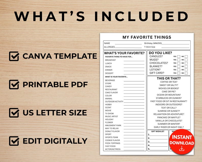 Printable Favorite Things List: Get to Know You Survey (canva & PDF) - Etsy