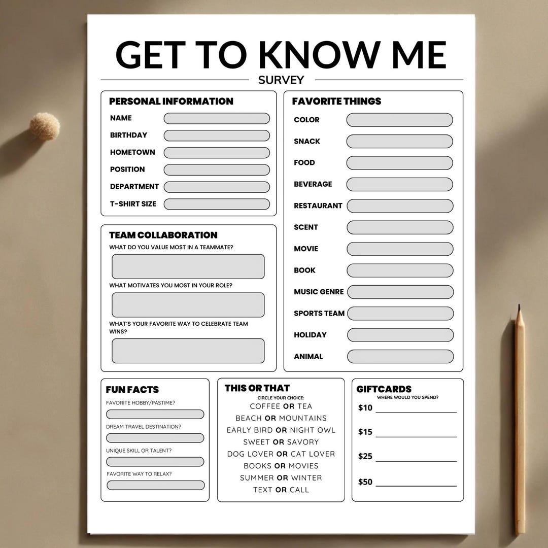 Team Building Questionnaire: Get to Know Me Survey (printable) - Etsy