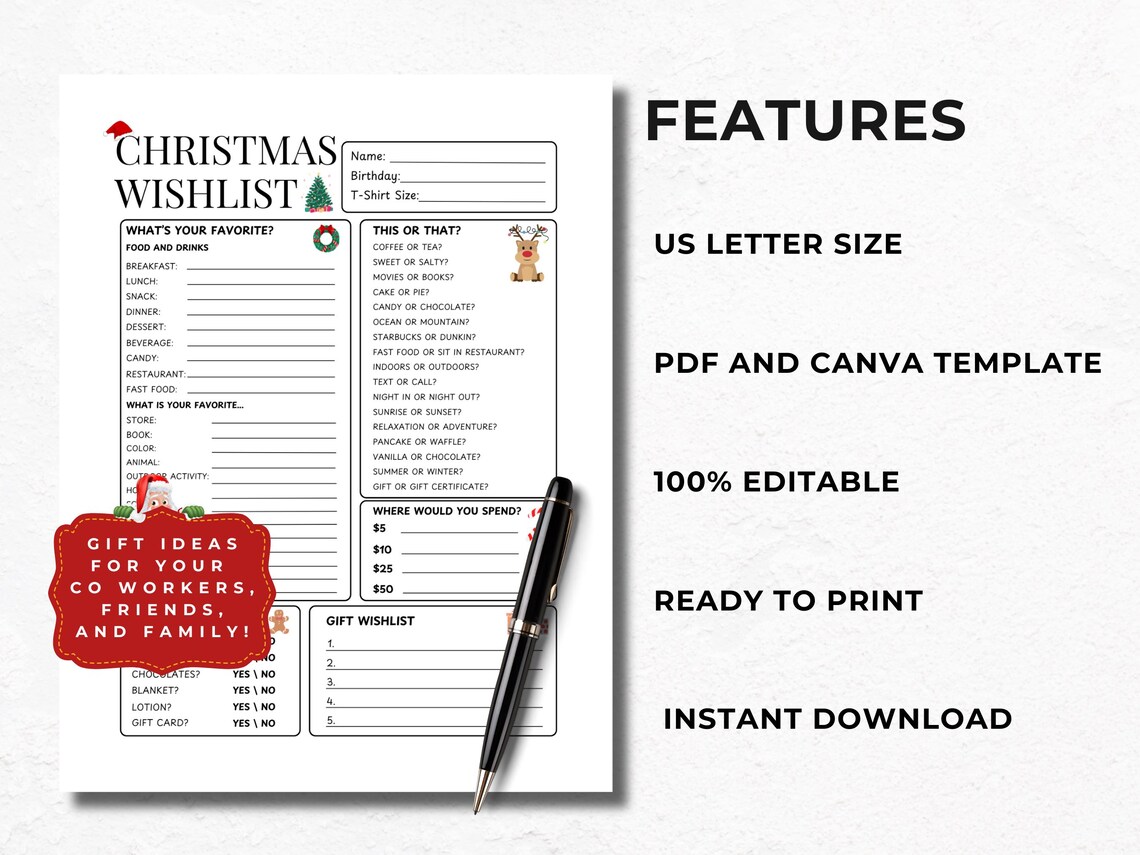 Christmas Wish List Printable: Fillable Questionnaire (editable PDF) - Etsy