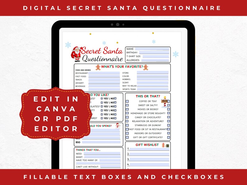 Secret Santa Questionnaire, Christmas Gift Exchange, Editable PDF ...
