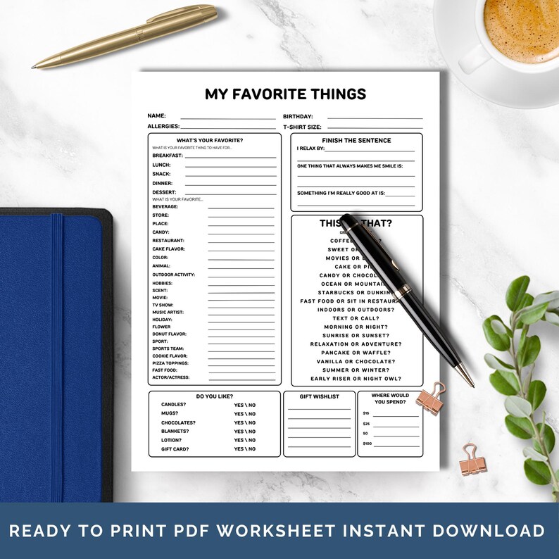 Printable Favorite Things Questionnaire: Get to Know You Survey (PDF ...