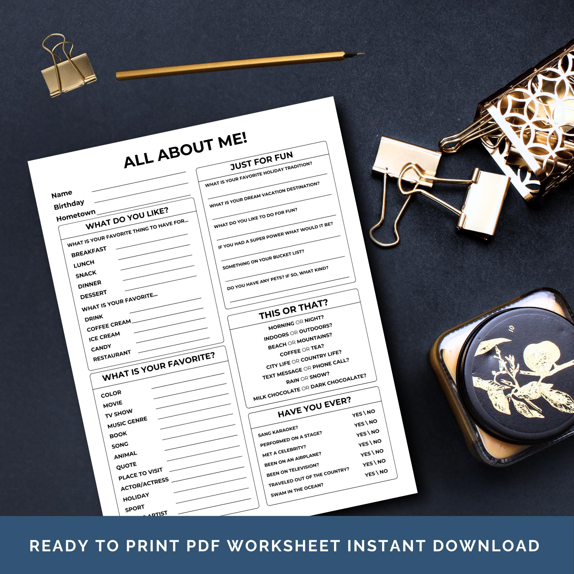 All About Me Questionnaire: Icebreaker Printable Worksheet (PDF & Canva ...