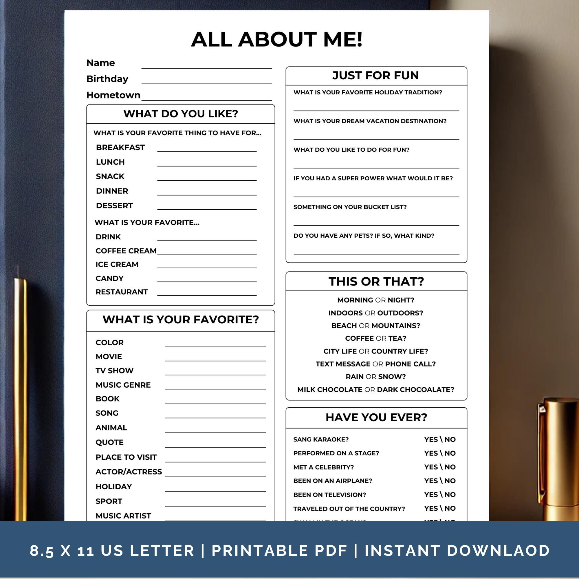 All About Me Questionnaire: Icebreaker Printable Worksheet (PDF & Canva ...