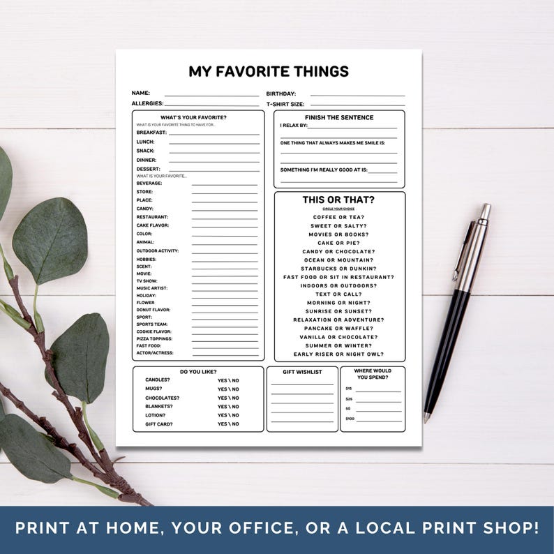 Printable Favorite Things Questionnaire: Get to Know You Survey (PDF ...