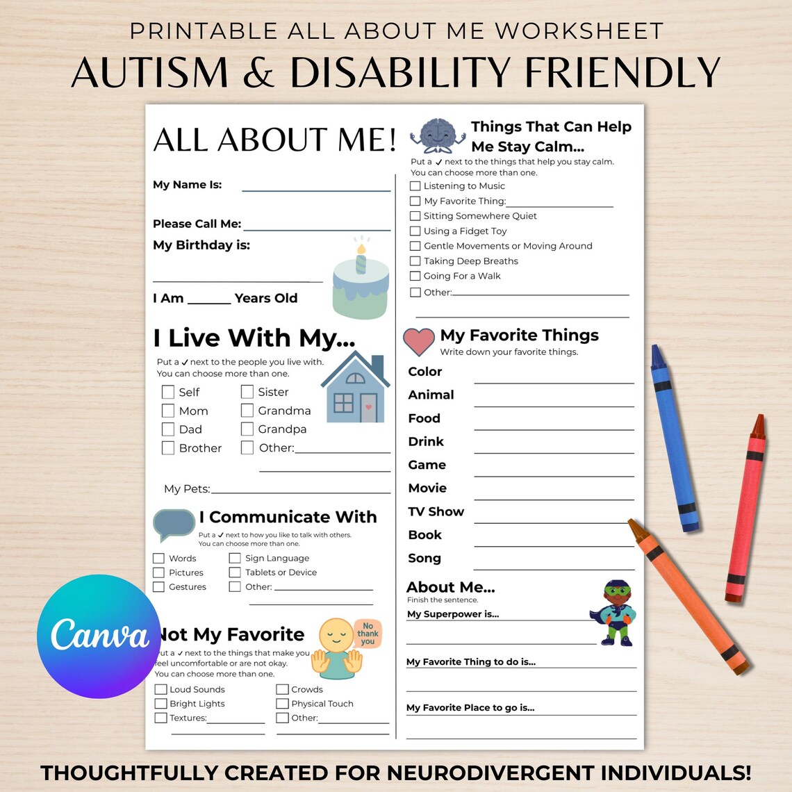 Neurodivergent Friendly All About Me Printable, Autism, Special Needs ...
