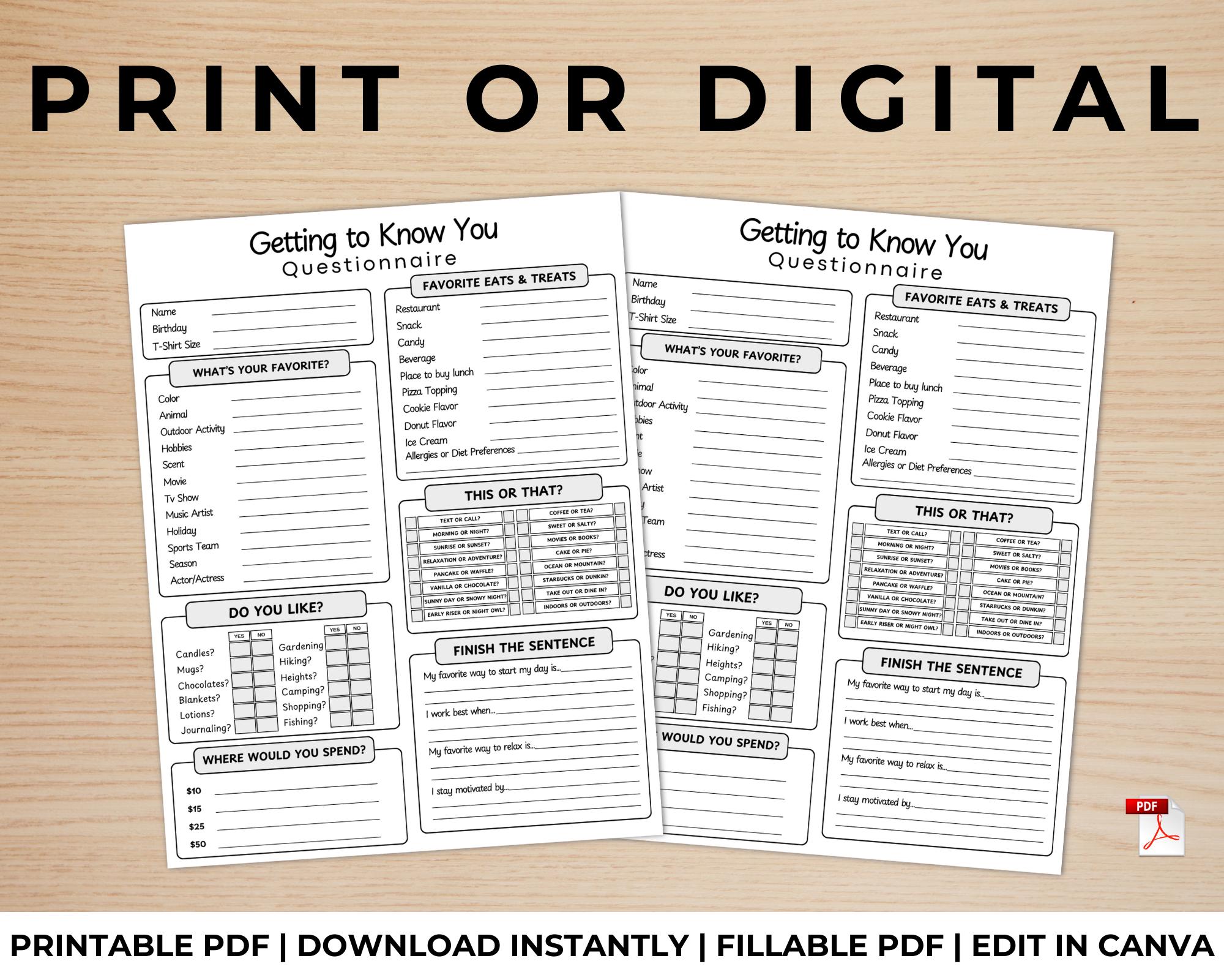 Employee Getting to Know You Survey: Printable Worksheet (fillable PDF ...