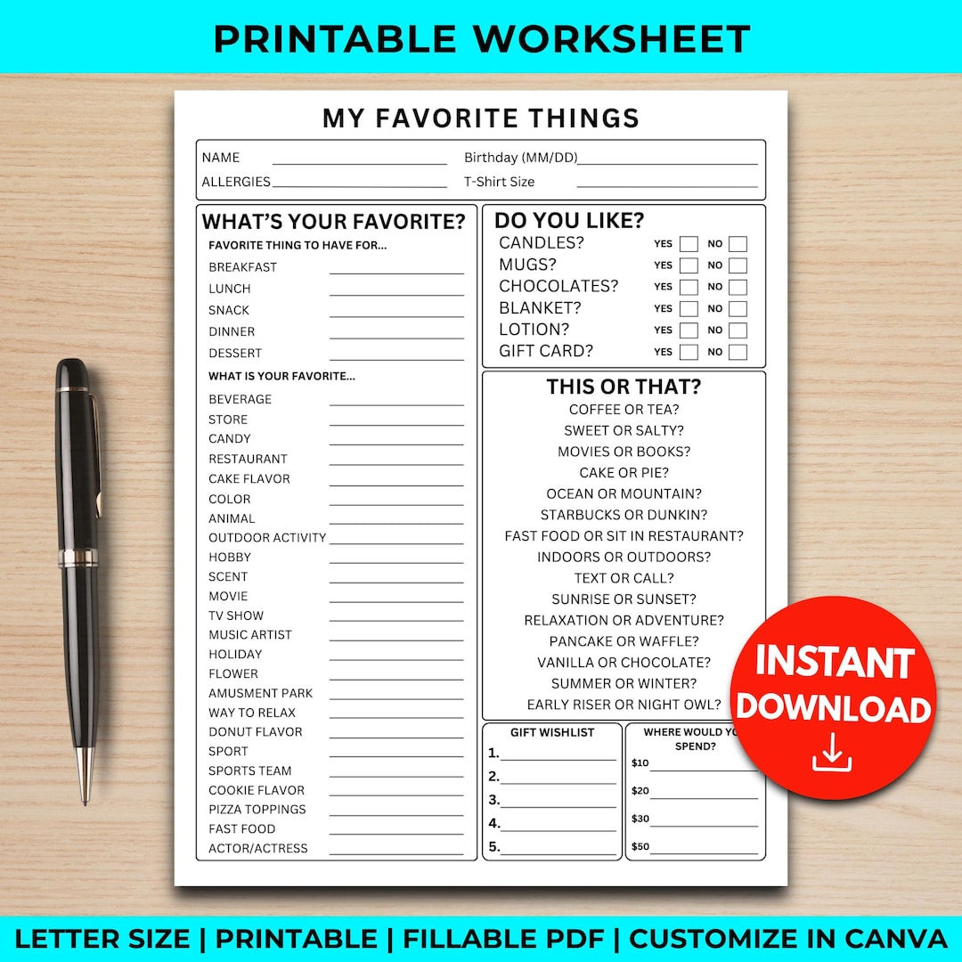 Printable Favorite Things List: Get to Know You Survey (canva & PDF) - Etsy