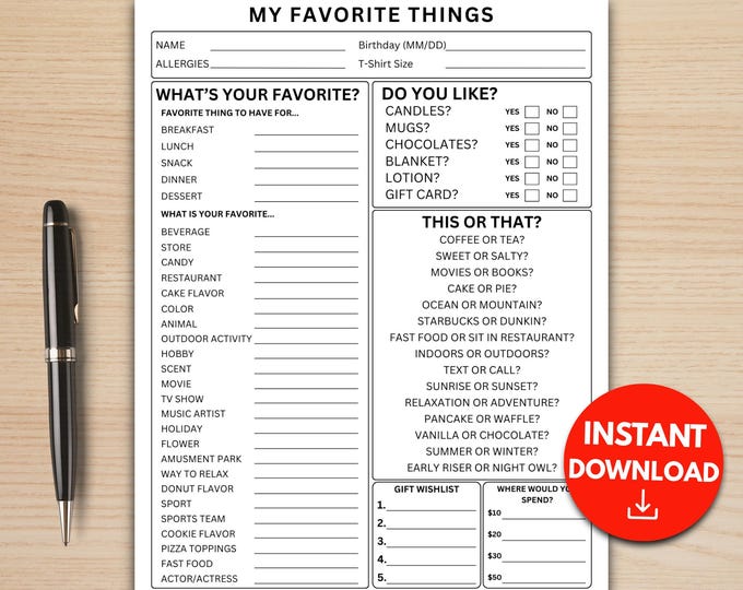 Printable Favorite Things List: Get to Know You Survey (PDF) - Etsy Canada