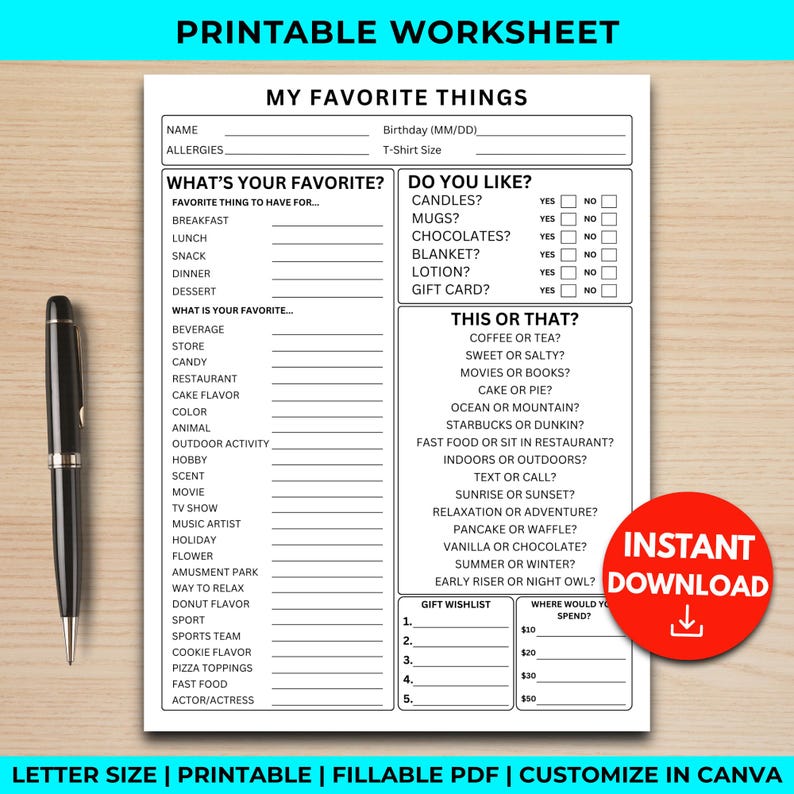 Printable Favorite Things List: Get to Know You Survey (canva & PDF) - Etsy