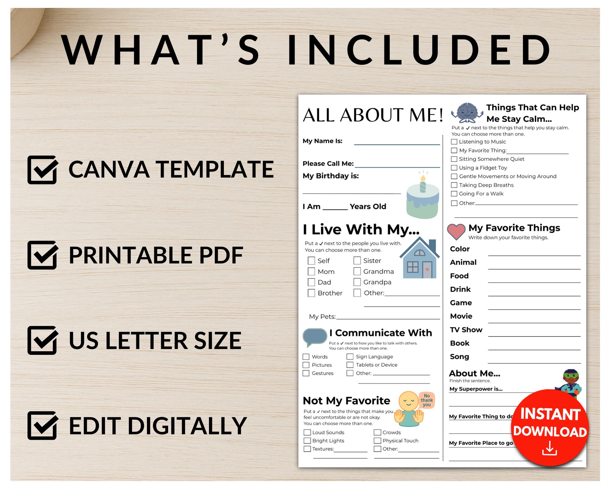 Autism 'all About Me' Worksheet: Special Needs Survey (printable PDF ...