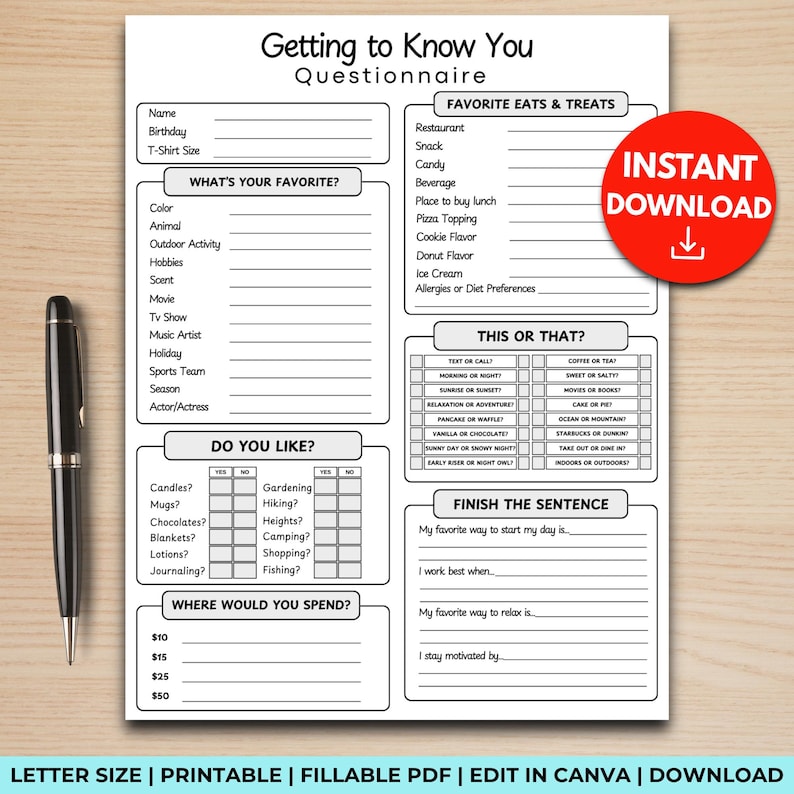 Employee Getting to Know You Survey: Printable Worksheet (fillable PDF ...