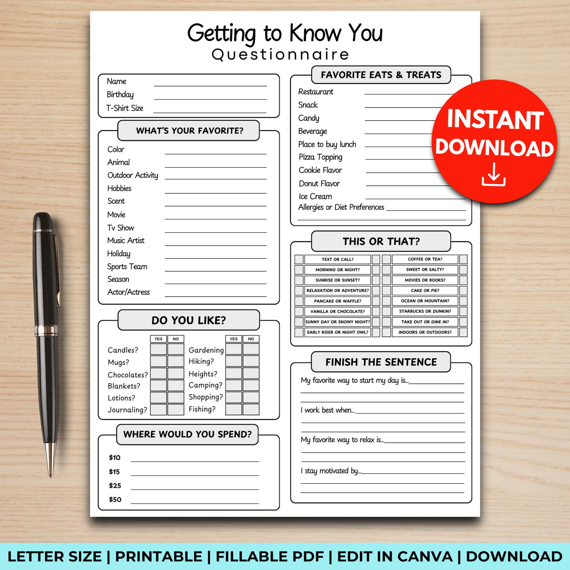 Employee Getting to Know You Survey: Printable Worksheet (fillable PDF ...