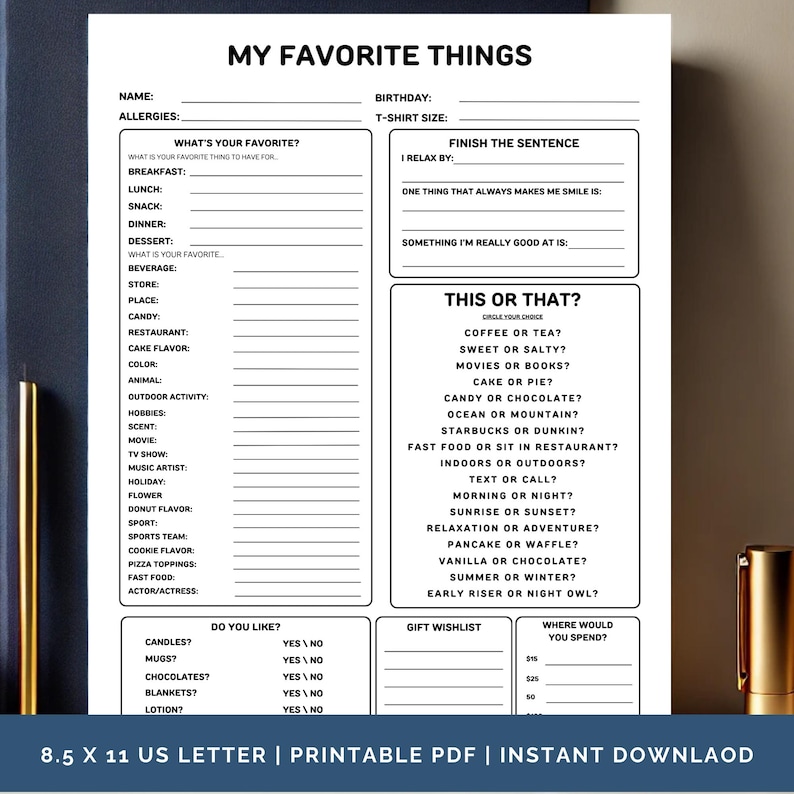 Printable Favorite Things Questionnaire: Get to Know You Survey (PDF ...