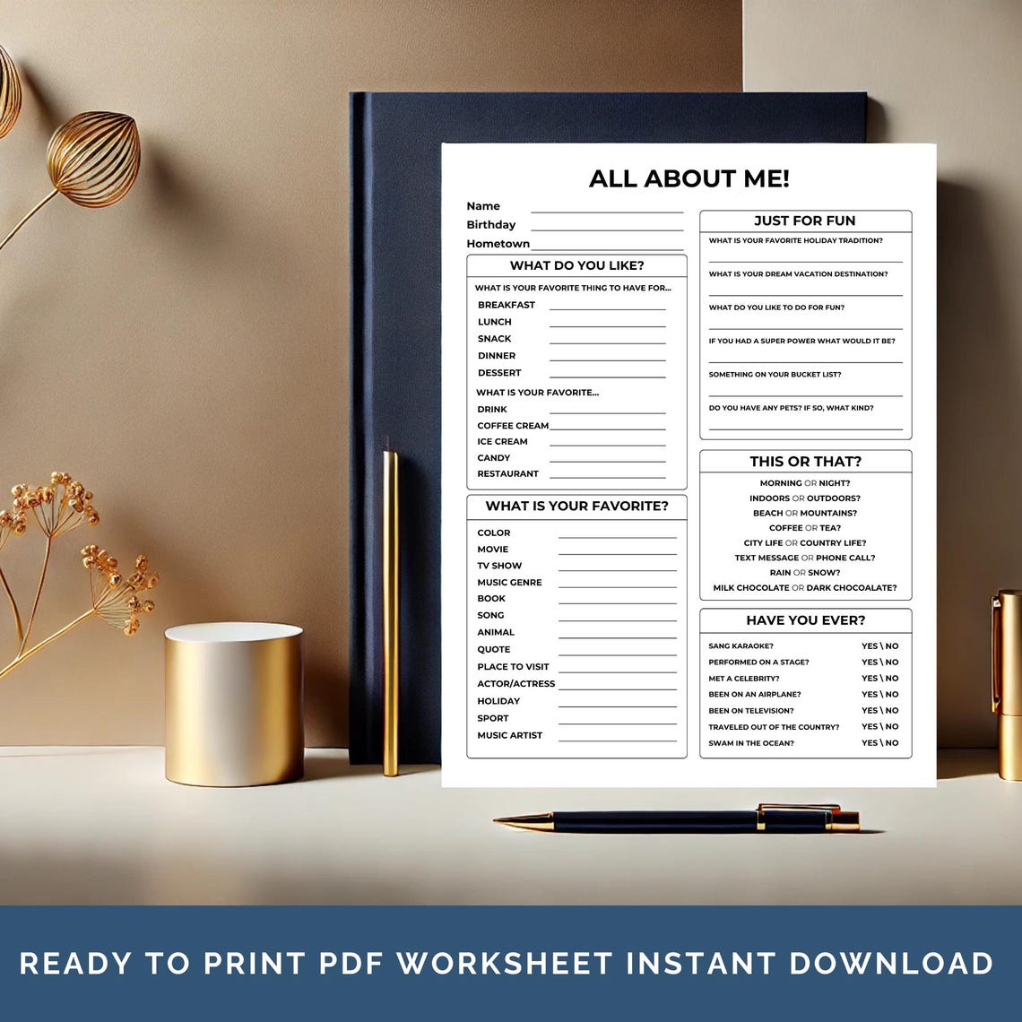 All About Me Questionnaire: Icebreaker Printable Worksheet (PDF & Canva ...