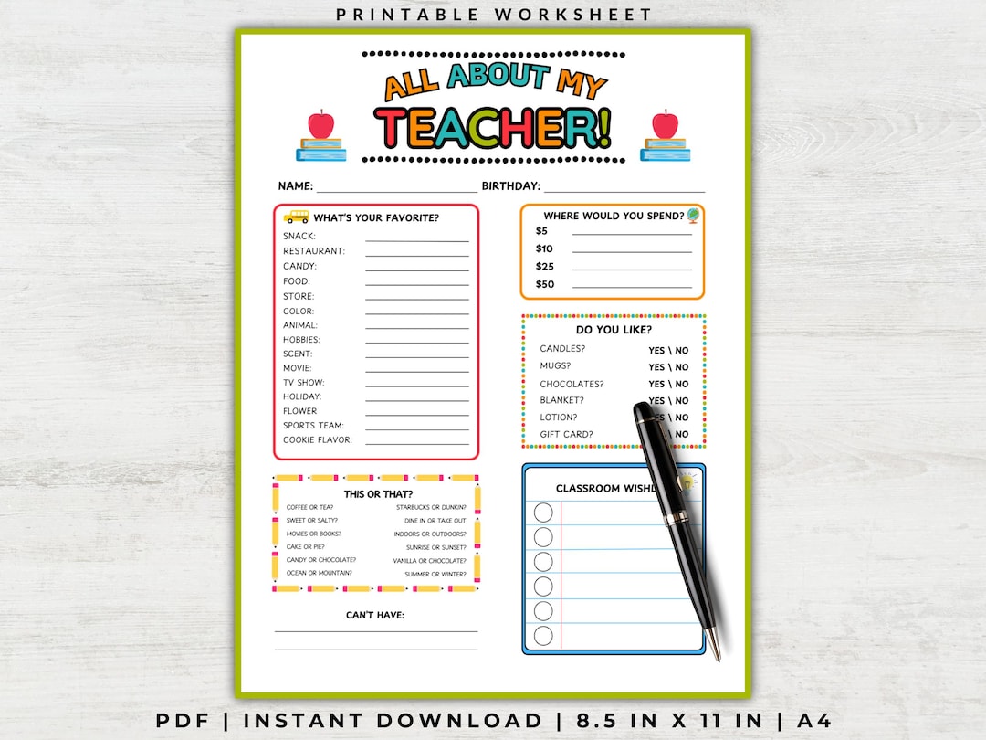 Printable Teacher Questionnaire, Back to School, Getting to Know You ...
